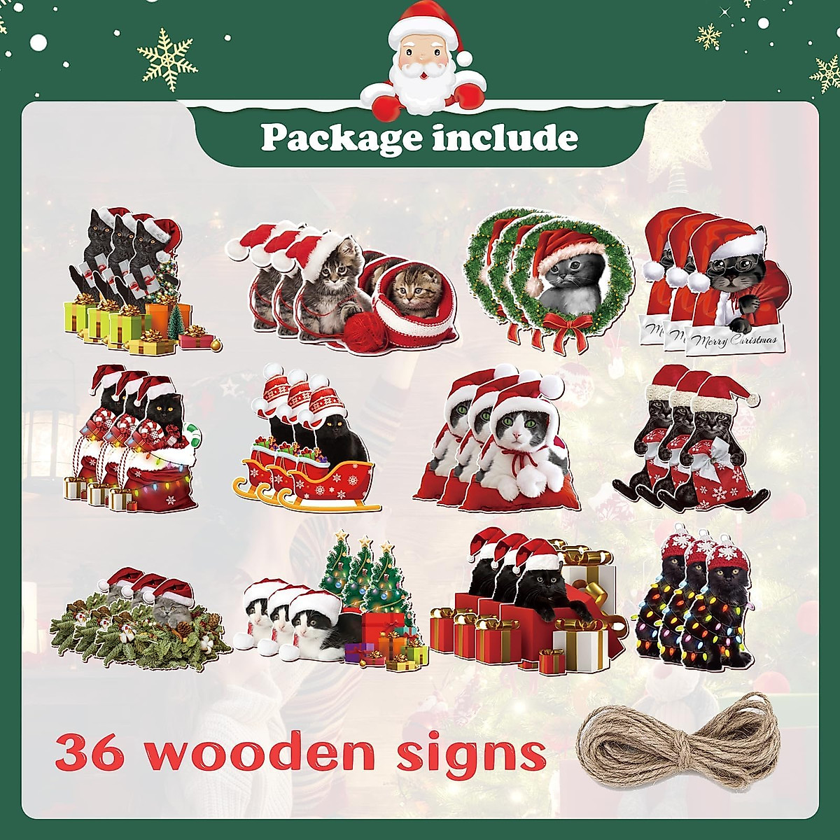 36 Pcs Black Cat Christmas Ornament for Tree Christmas Tree Ornaments Black Cat Decor Christmas Cat Wood Gift for Cat Lovers Women Men Xmas Car Hanging Ornaments