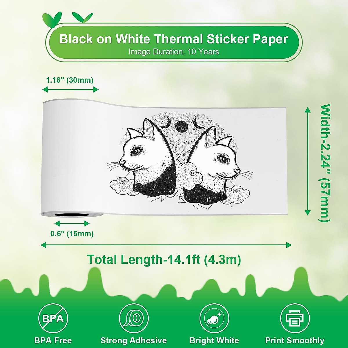 PAPRMA 57x30mm Thermal Sticker Paper for Mini Pocket Printer, 5 Rolls White Self-Adhesive Thermal Paper Compatible with All 57mm Pocket Thermal Printer, 0.6” Core