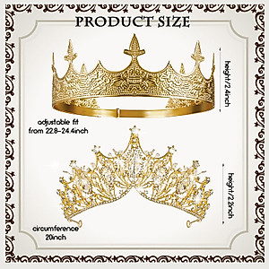 Sureio 2 Pcs Antique Royal King Crown for Men Baroque Queen Crown for Crystal Tiara Prom Cosplay Birthday Wedding Party Hair Headband Accessories(Vivid Style)