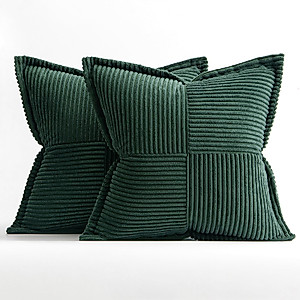 Woaboy Corduroy Pillow Covers 18x18 Inch Dark Green Set of 2 Super Soft Boho Striped Couch Covers Broadside Splicing Decorative Textured Throw Pillows for Cushion Livingroom