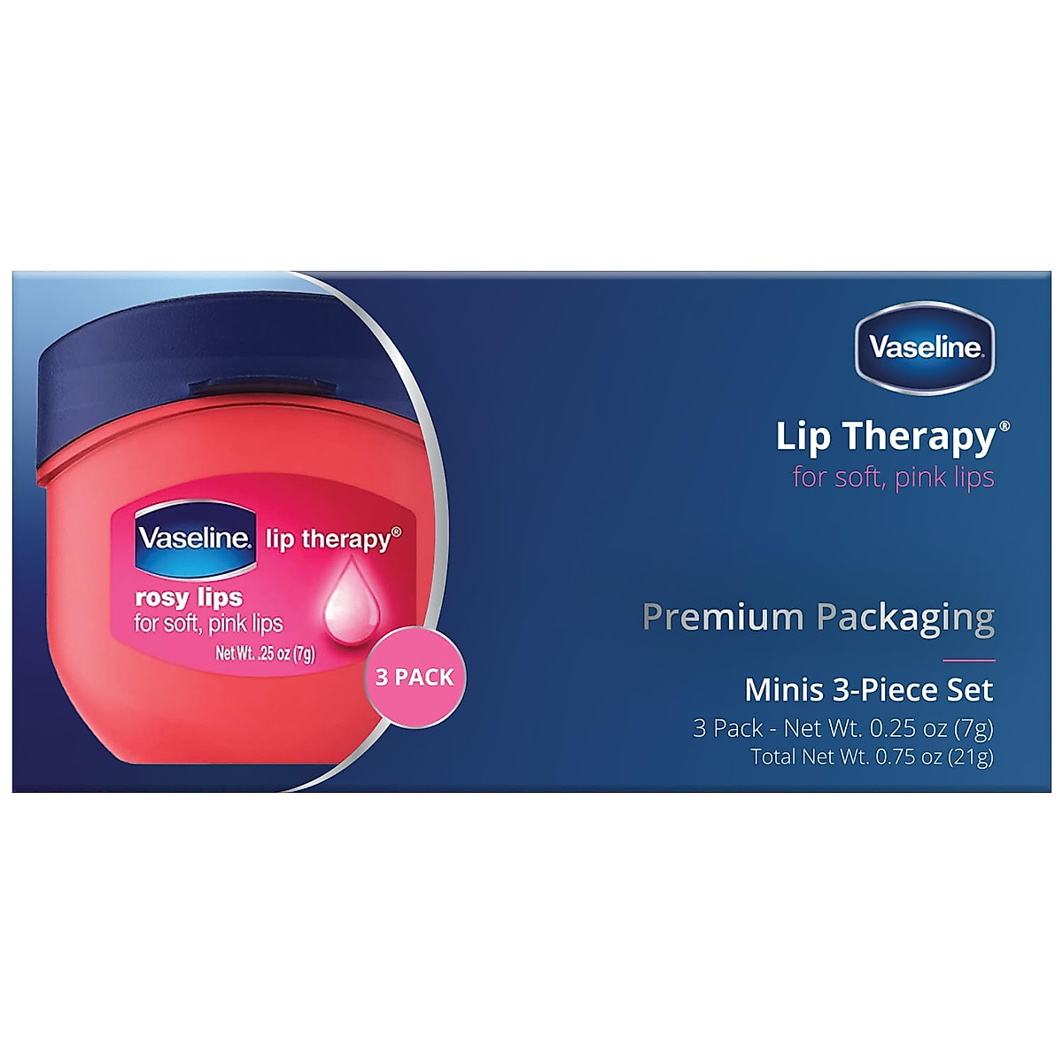Vaseline Lip Therapy Rosy Lips 3-Pack – Mini Lip Balms for Soft, Pink Lips, 0.25 Oz Ea