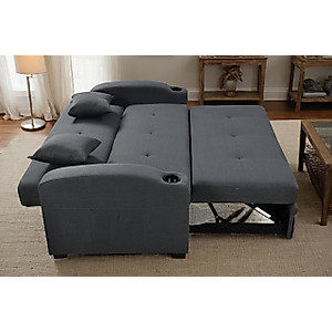 ZIGHTH 75'' Convertible Queen Size Sleeper Sofa Bed with Cup Holders, Modern Linen Loveseat Sofa Couch with Pull Out Bed and Adjustable Backrest for Living Room, Apartment, Bedroom. Dark Blue