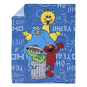 SESAME STREET Elmo, Big Bird, Cookie Monster, and Oscar The Grouch Blue, Red, Green, and Yellow Super Soft Toddler Blanket