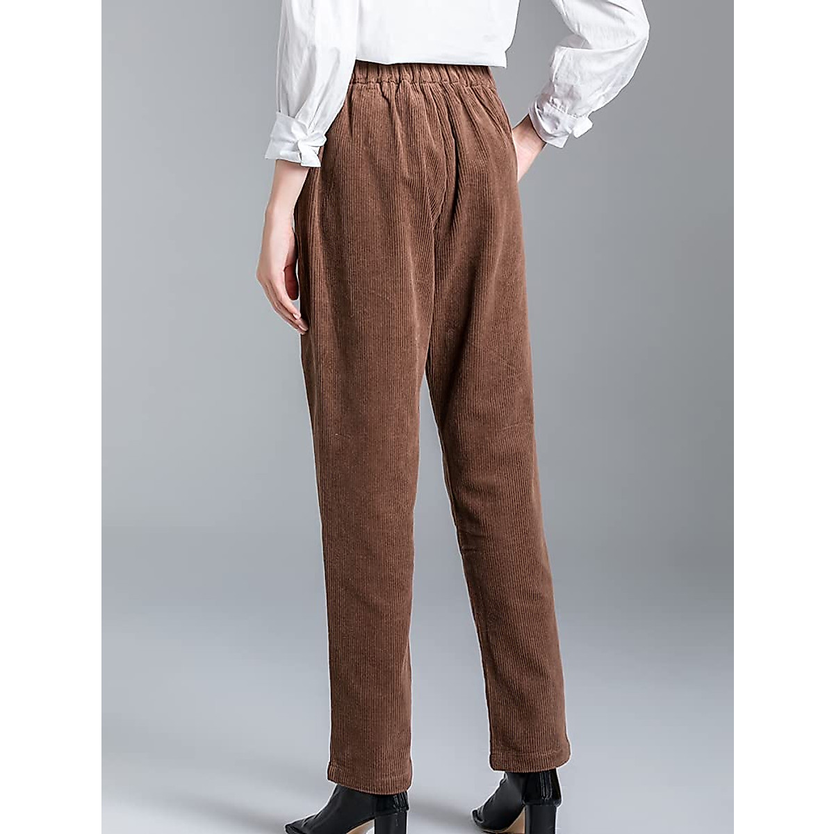 Minibee Women's Cropped Corduroy Pants Elastic Waist Retro Trouser with Pockets Brown