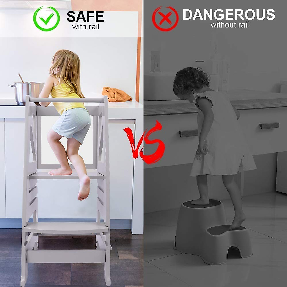 Toddler Kitchen Step Stool Toddler Standing Tower Toddler Step Stool Toddler Tower with Message Boards Safty Rail-Adjustable Kids Kitchen Step Stool for Kitchen Counter Bathroom Sink (Grey)