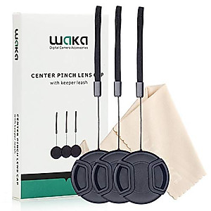 waka Unique Design Lens Cap Bundle, 3 Pcs 55mm Center Pinch Lens Cap and Cap Keeper Leash for Canon Nikon Sony DSLR Camera + Microfiber Cleaning Cloth