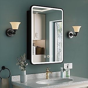Medicine Cabinet with Mirror and Lights, 16x28 Inch Wall or Recessed Mounted LED Bathroom Medicine Cabinet, Defogger, Storage Shelf, 3 Color Dimmable Light with Memory Function, Black