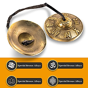 Boao Tibetan Tingsha Cymbals Meditation Chime Bells with Tibetan Drawstring Cloth Bag, 6.3 cm Meditation Chime Bells, for Percussion Instrument(Om Mane Padme Hum Symbols Embossed)