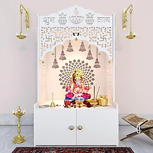 Homscape Divine Wooden Temple for Serenity with Spacious Shelf & Inbuilt Focus Light - White Color