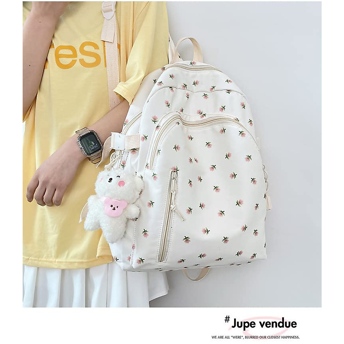 Floral Backpack with Kawaii Plush Puppy Pendant Accessories Cute Multi-Pockets Aesthetic Back to School Bookbag Laptop (White)