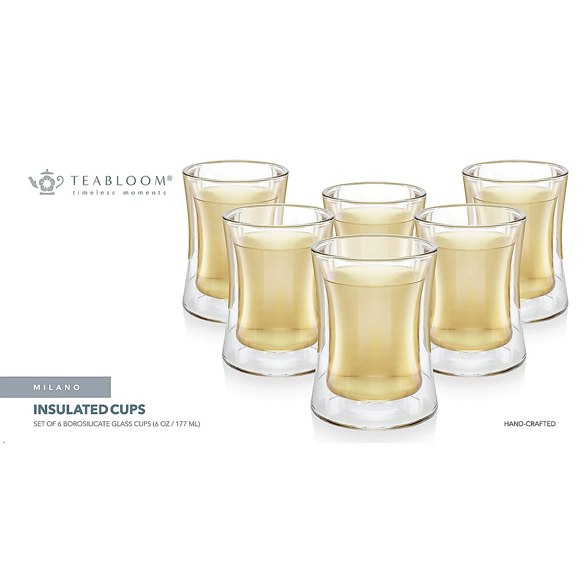 Teabloom Modern Insulated Turkish Tea Glasses - Set of 6 Double Walled Glass Teacups (6 oz / 177 ml)