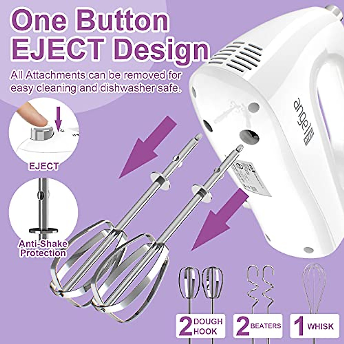 Mini Angel Hand Mixer, 400W Portable Kitchen Handheld Mixer with Eject Button, 5 Speed & 5 Stainless Steel Accessories, Egg Beaters and Whisk for Easy Whipping Cake, Cream, Batters, Cookies