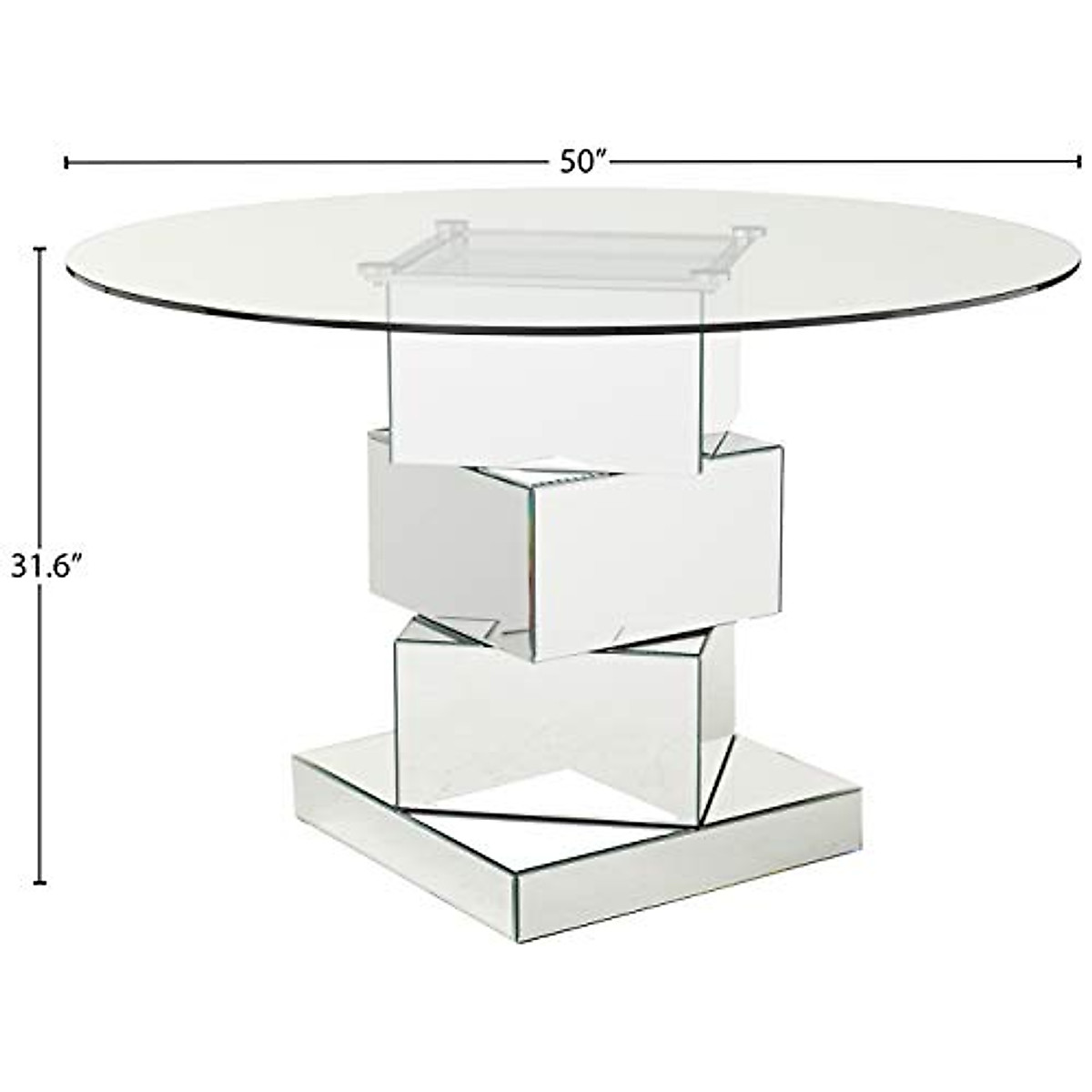Meridian Furniture Haven Collection Modern Contemporary Mirrored Dining Table with Round Tempred Glass Top, 50" W x 50" D x 31.5" H