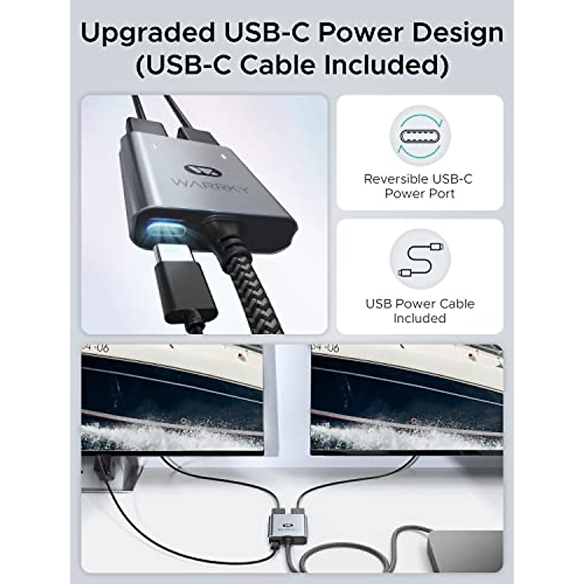 Warrky HDMI Splitter, Duplicate/Mirror, 4K HDMI Splitter 1 in 2 Out [Metal Case, Gold-Plated] with 3.3 Ft Braided HDMI Cable, Powered Splitter, 1 Source to 2 Identical Displays for TV, Projector