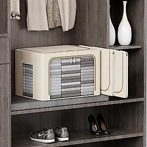 RTONAO 2 Pack Stackable Storage Bins - Foldable Metal Frame Storage Boxes for Clothes Double Zipper Fabric Box Organizer Set with Carrying Handles and Clear Window (100L, Beige)