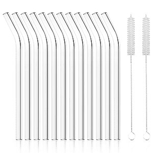 Antner 12 Pack Reusable Glass Straw, 8.5" x 10MM Bent Clear Glass Drinking Straws for Hot & Cold Drinks, 2 Cleaning Brushes Included