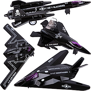 ArtCreativity Diecast Stealth Bomber Toy Jets with Pullback Mechanism, Set of 4, Diecast Metal Jet Plane Airplane Toys for Boys, Air Force Military Cake Decorations, Aviation Party Favors