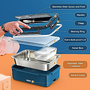 PHIPRIME Electric Lunch Box 80W Fast Heating, 61oz X-Large Heated Lunch Box for Adults with Salad Box, Fork & Spoon, 2 Leak-proof Lids, Dishwasher Safe Self Heating Lunch Box for Work