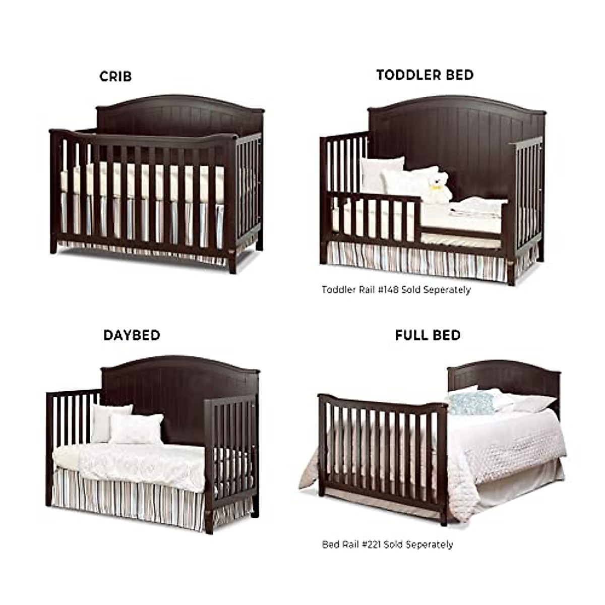 Sorelle Furniture Fairview Crib, Classic 4-in-1 Convertible Crib, Made of Wood, Non-Toxic Finish, Wooden Baby Bed, Toddler Bed, Child’s Daybed and Full-Size Bed, Nursery Furniture - Espresso