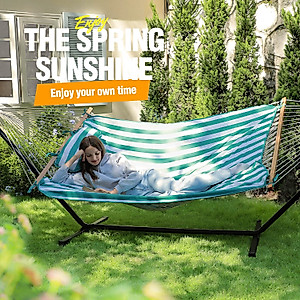 Double Outdoor Hammock with Stand, 2 Person Cotton Rope Hammock with Polyester Pad and Pillow for Backyard Porch Patio Garden