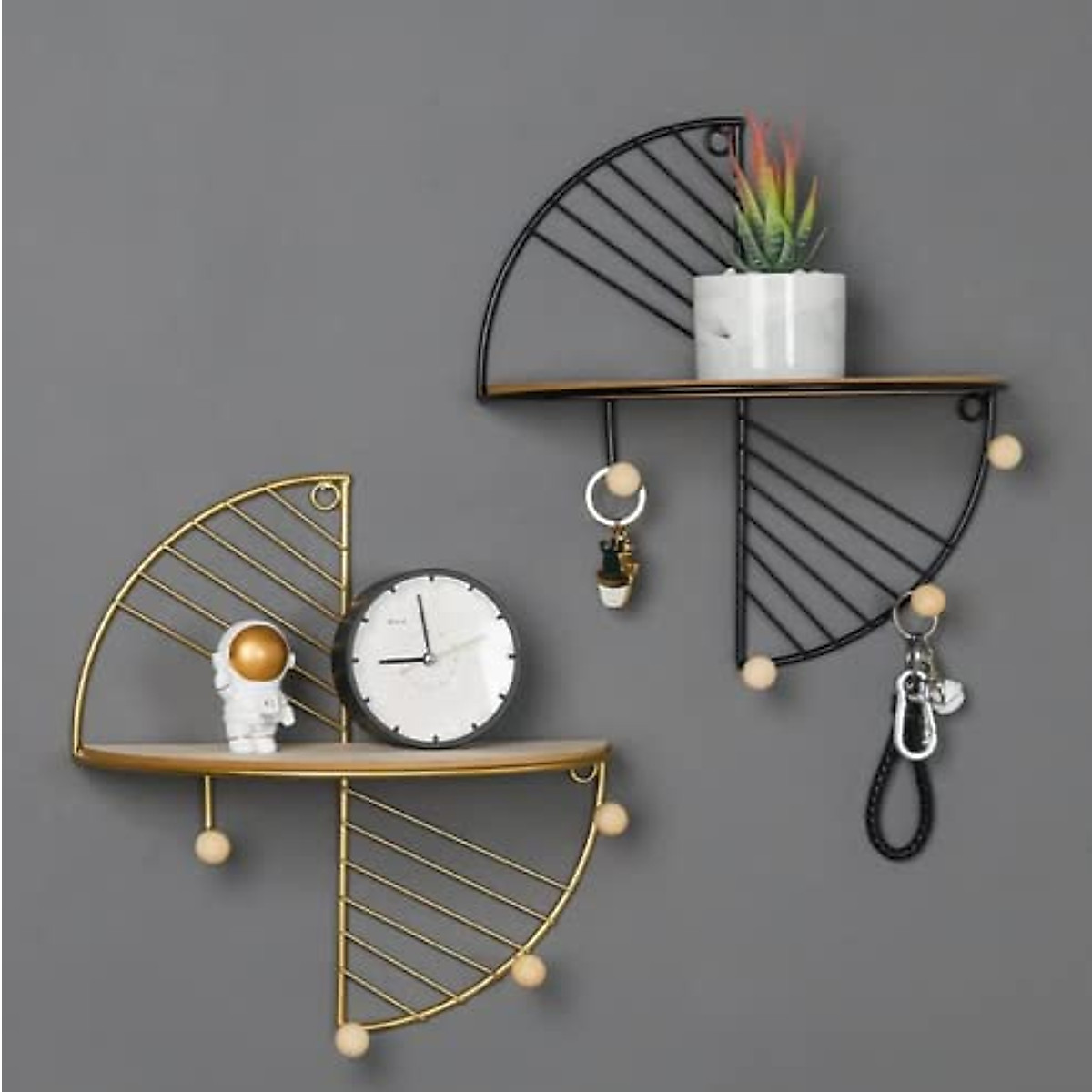 JOSON Bedroom Half Round Wall Mounted Floating Shelf for Bedroom, Living Room, Office Metal Geometric Hanging Shelf（Gold）