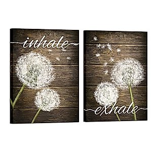 Apicoture Rustic Bathroom Wall Decor Dandelion Pictures Flower Wall Art Inhale Exhale Canvas Prints Farmhouse Wall Decor 12"x16"x2 Pieces