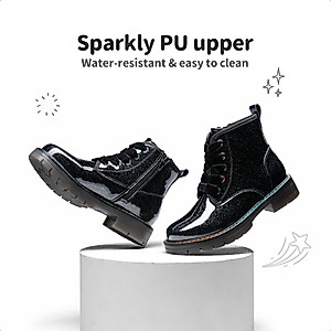 DREAM PAIRS Girls Boys Glitter Ankle Boots Side Zipper Combat Shoes with Lace Up for Toddler/Little Kid/Big Kid,Size 1 Little Kid,Black/Pu,SDBO2220K