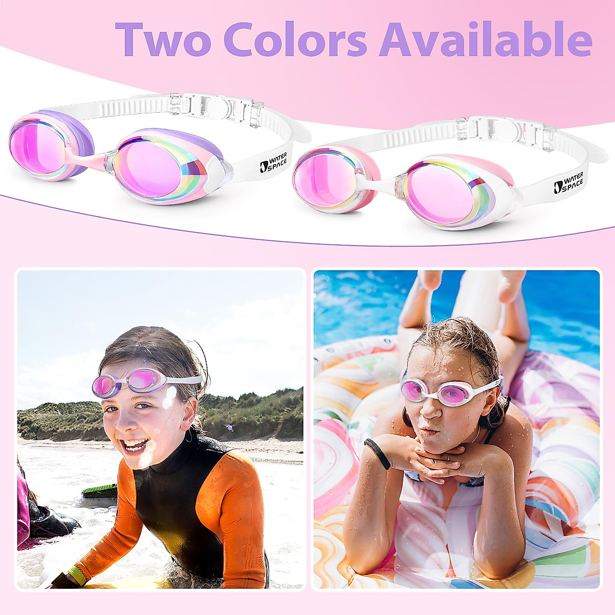 Water Space Swim Goggles Swimming Goggles for Kids Youth Junior Teens 6-14 8-12 4-7, Kids Goggles No Leak UV Protection Waterproof Mirrored Flat Lens Goggles with Nose Piece, Pool Water Clear Goggles