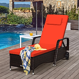 Tangkula Patio Wicker Chaise Lounge Chair with Wheels, Adjustable Rattan Reclining Chair with Armrests & Cushions, Red & Off White Cover, Outdoor Recliner Chair for Pool Deck Beach Backyard (1, Brown)
