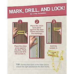 Jack N’ Drill Chain Door Guard with Lock - 2 Pack Chain Lock Door Guard, Sturdy & Rust-Resistant Steel Chain Locks for Inside Door and Extra Front Door Lock, 100% Child Safe (Brass Plated)