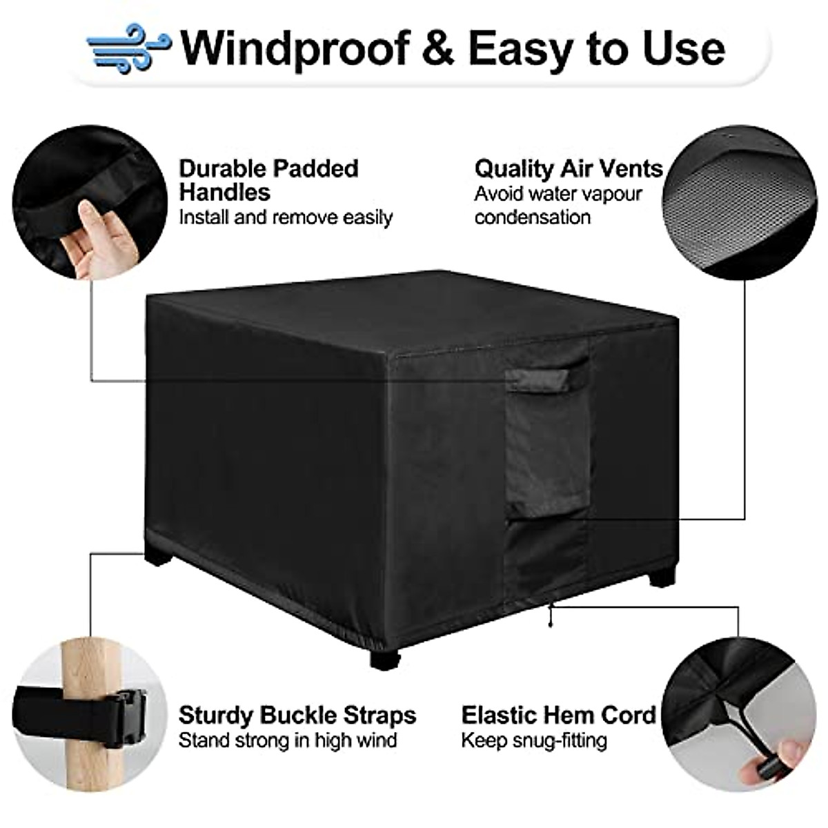 OutdoorLines Outdoor Waterproof Patio Ottoman Covers - Square UV-Proof Patio Side Table Cover Windproof Heavy-Duty Furniture Covering Protector 25L x 25W x 17H Inch, Black