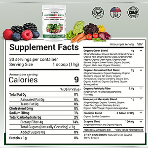 Peacock Max Superfoods Reds and Green Organic Daily Supplement Powder for Immunity, Bloating and Gut Health, Plant-Based, Vegan, Non-GMO Formula with Antioxidants, Prebiotics and Probiotics 11.64 oz
