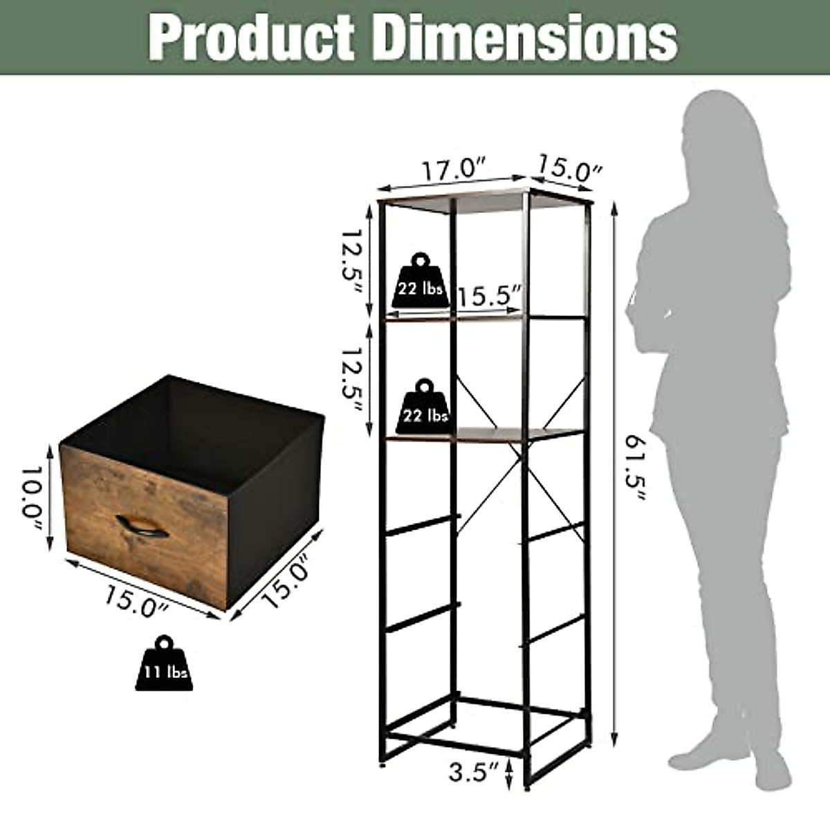 Giantex 6 Tier Storage Cabinet, 61.5” Tall Storage Rack Storage Bookshelf w/Folding Drawers, Shelves, Steel Frame, Anti-toppling Device, Dresser for Bedroom, Living Room, Entryway Display Cabinet(1)