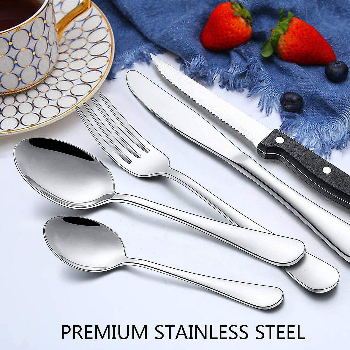Wildone 24-Piece Flatware Set with Steak Knives, Stainless Steel Silverware Cutlery Set Service for 4, Tableware Eating Utensils Include Knives/Forks/Spoons, Mirror Polished, Dishwasher Safe