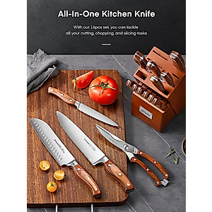 Knife Set with Block, 16 Pcs Stainless Steel Kitchen Knife Set with Sharpener & Wooden Block, Knife Block Set with Wood Handle, Chef, Santoku, Bread, Utility, Paring & Carving Fork Knife, Brown