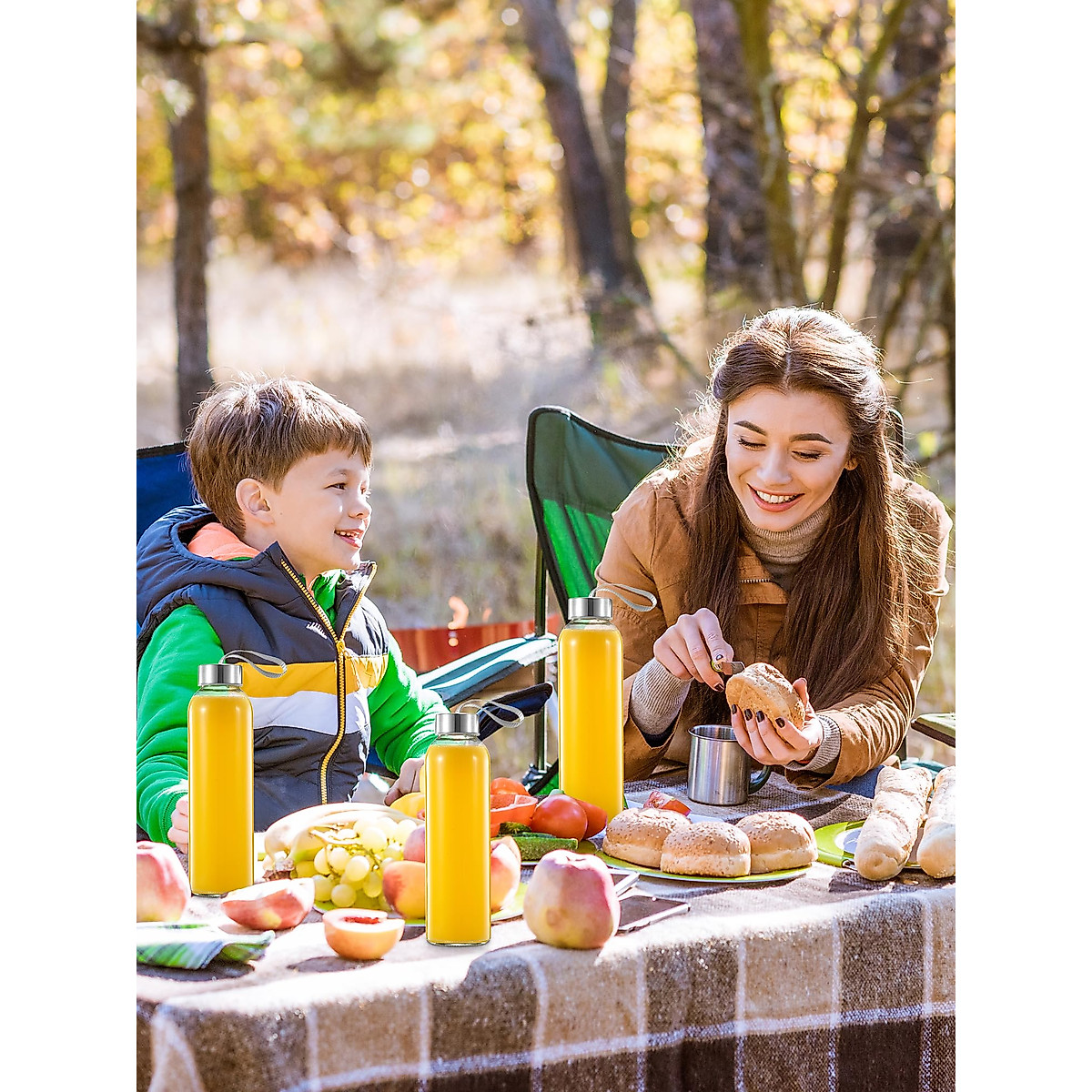 QCen 18oz Clear Glass Bottle for Juicing, Reusable Glass Water Bottles for Juicer Machine, with Stainless Steel Leak-Proof Lids, Wide Mouth Liquid Storage Containers, BPA Free, Set of 6