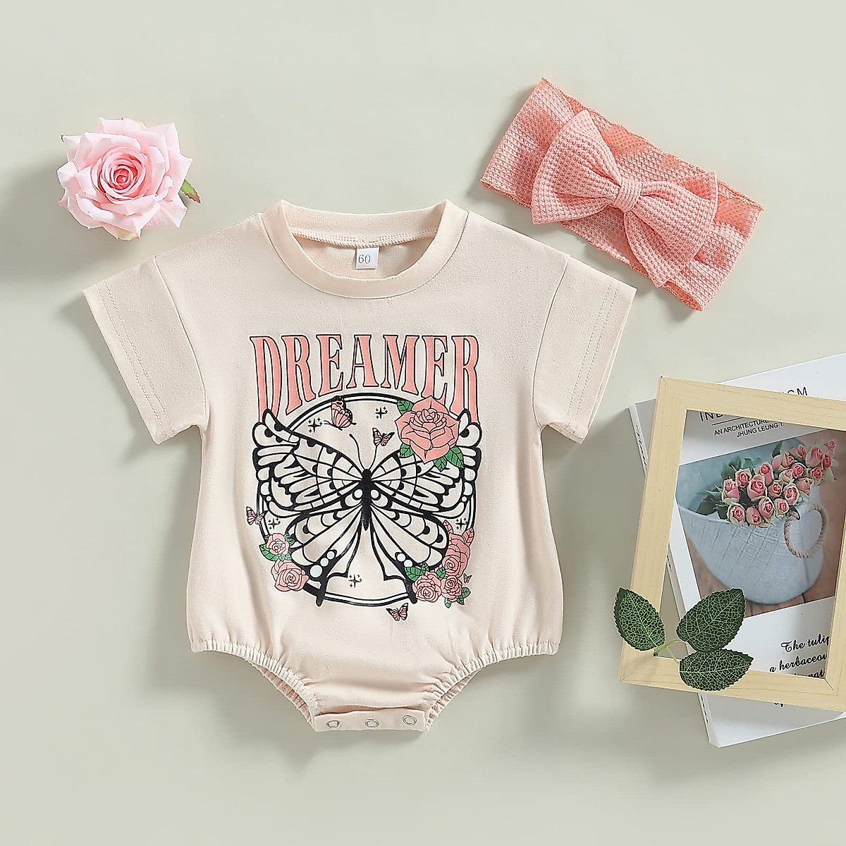 sdghg 0-18M Infant Baby Girl Short Sleeve Romper Spring Summer Bodysuit Headband Romper Butterfly Jumpsuit Bubble Bodysuit (Apricot, 0-3 Months)