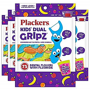Plackers Kids Dual Gripz Flossers with Fluoride, Grip Me Handle, Fruit Smoothie Swirl Flavor, BPA Free, Colorful Floss Picks for Kids of All Ages, 75 Count (Pack of 4)