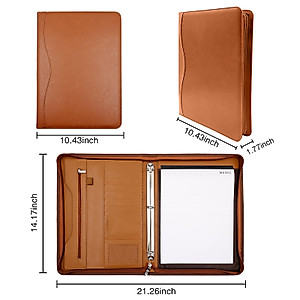 Deziliao 3-Ring Padfolio Portfolio Binder Organizer, Document Organizer Folio, 10.4 Inch PU Leather Business Portfolio with Zipper, Business Planner Notebook Organizer for Women/Men（Brown）