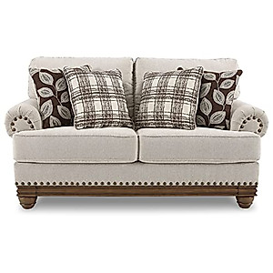 Signature Design by Ashley Harleson Modern Farmhouse Loveseat with Nailhead Trim and 4 Accent Pillows, Beige