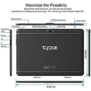 TPZ Tablet 10 inch, Android Tablets, Support 3G Phone Calls32GB, Dual SIM Card Slots & Cameras, WiFi, Google Certified, IPS HD Touchscreen, Bluetooth, 6000mAh Battery, GPS