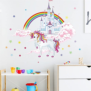 Unicorn Wall Stickers Unicorn Wall Decals with Rainbow Castle Removable Wall Art Decor for Kids Boys Girls Bedroom Nursery Bedroom Party Home Decoration