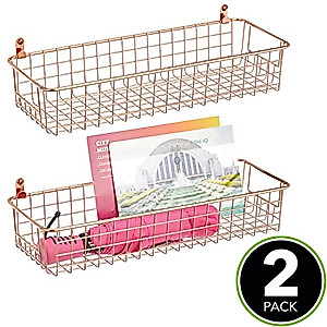 mDesign Wallmount Metal Storage Basket Tray with Handles - Decorative Organizer for Hanging in Entryway, Mudroom, Bedroom, Bathroom, Laundry Room - Small - Hooks Included - 2 Pack - Rose Gold