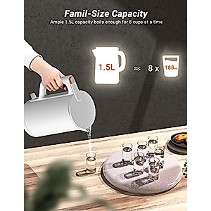 Electric Kettle, 304 Stainless Steel Interior, BPA-Free, Double Wall 1.5L Hot Water Boiler, 1500W Tea Kettle with Auto Shut-Off & Boil Dry Protection, Cordless Base & LED Indicator(White)