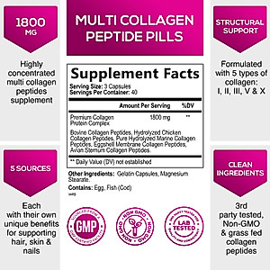 Collagen Peptides for Women & Men - Type I, II, III, V, X Multi Collagen Pills, Hydrolyzed Collagen Peptides Supplements, Nature's Hair, Skin, Nail, and Joint Support Supplement, Non-GMO, 120 Capsules