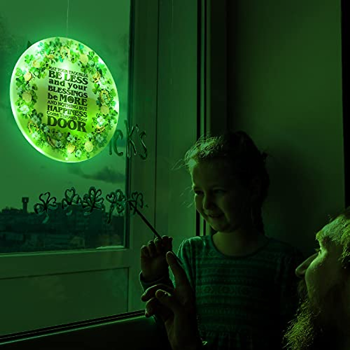 Capoda St. Patrick's Day Hanging Window Light Shamrock Decorations Irish May Your Blessing Light up Decor St. Patrick's Day Religious Christian Plaque Lucky Wishes Sign for Home Door Wall(Shamrock)