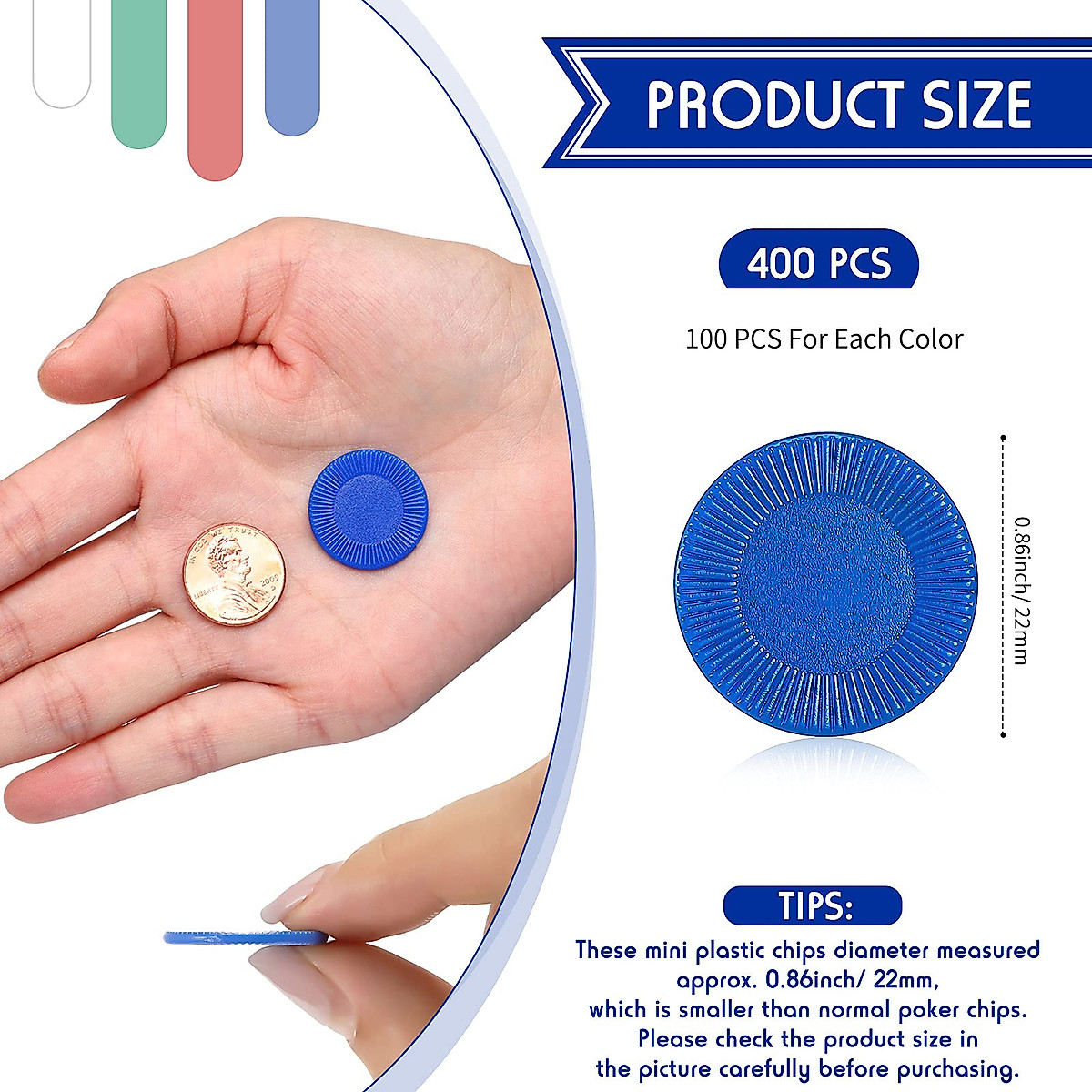 Skylety 400 Pieces Plastic Poker Chips Game Chips 4 Colors Counter Card for Kids Game Playing Learning Math Counting Bingo Game Blank Chips Card for Kids Reward, 0.86 Inch (Red, Blue, Green, White)