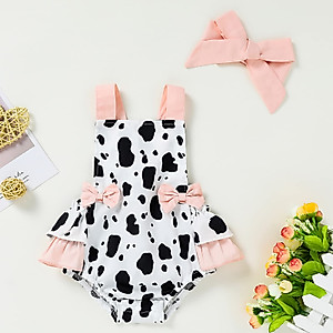 GRNSHTS Infant Baby Girls Ruffle Romper Toddler Sleeveless Halter Bodysuit Jumpsuit+Headband Summer Clothes Cow 12-18 Months Pink&black