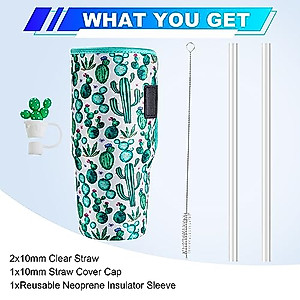 Reusable Neoprene Insulated Sleeves Cup Holder for Stanley 40oz Tumbler with Handle,Protective Water Bottle Sleeve Cover,with 2 Straw, Cleaning Brush and Straw Cover for Stanley Cup Accessories