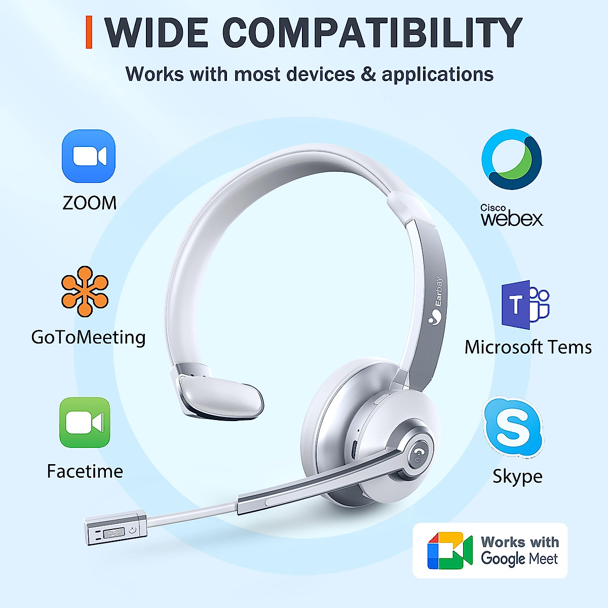 Bluetooth Headset, Wireless Headset with Microphone Noise Cancelling & USB Dongle, Hands Free Office Headset with Mic Mute, Single Ear Bluetooth Headsets for Work/PC/Truck Drivers-White Silver